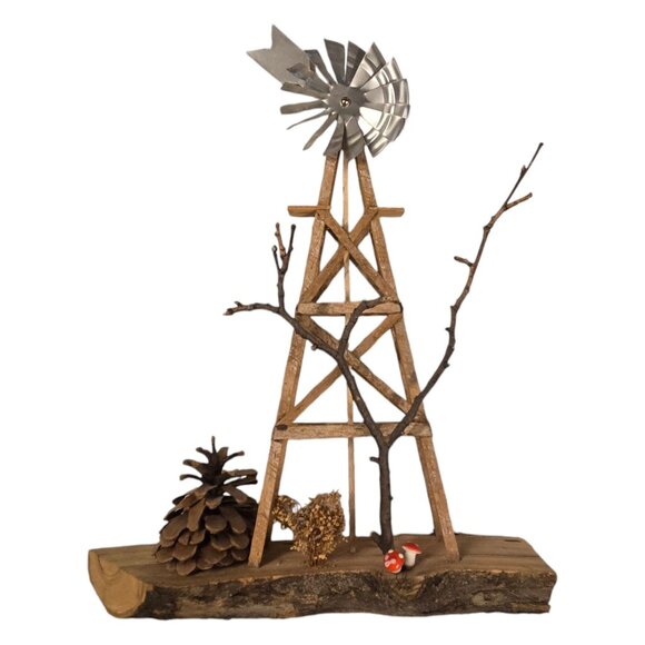 Art | Rustic Wood Windmill Folk Art Wall Decor Pinecone Mushrooms ...